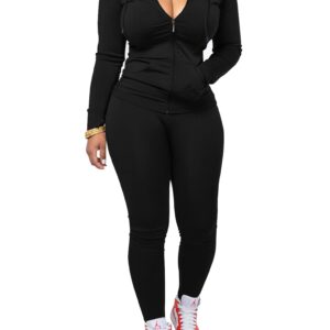 PINSV Women Two Piece Outfits Workout Sets Bodycon Tracksuit Long Sleeve Zip Up Hoodie Jacket Jogger Matching Sweat Pants Set Black L