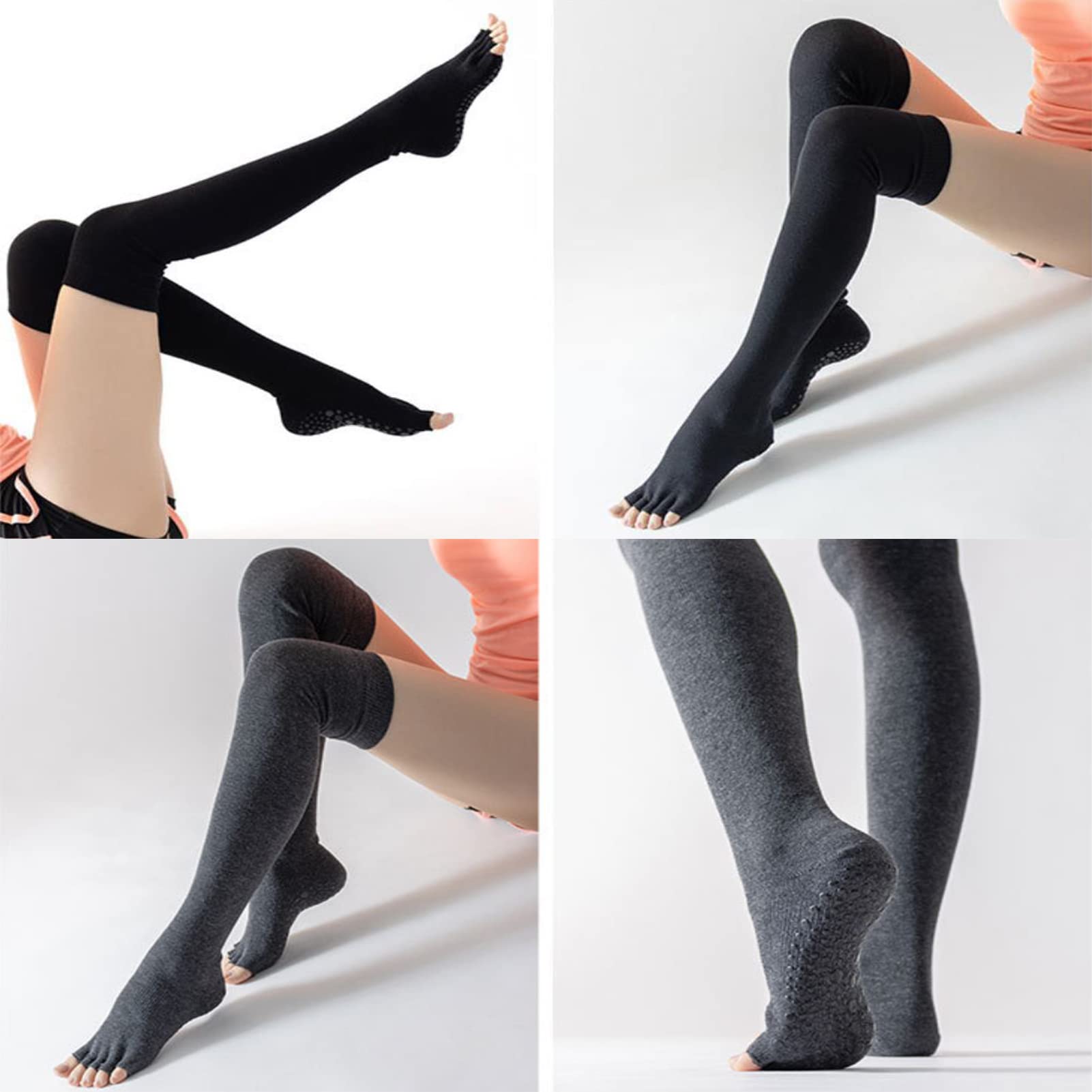 2 PCS Thigh High Yoga Socks for Women Non-Slip Toeless Long Socks for Pilates Pure Barre Dance Barefoot Workout (Black-Strips)