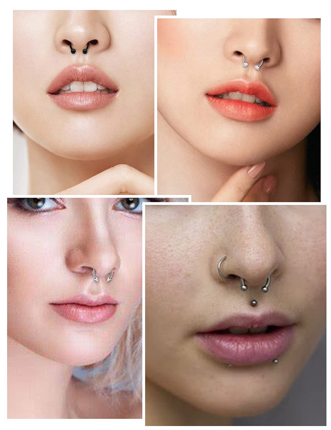 Ftovosyo 24Pcs 16G Surgical Steel Nose Septum Rings Piercing Jewelry Horseshoe Cartilage Helix Daith Earring Hoop Eyebrow Lip Hoop for Women Men 8mm 5/16 Inch Silver Black