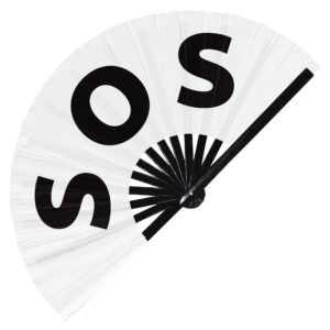 sos hand fan foldable bamboo circuit hand fan funny gag slang words expressions statement gifts festival accessories rave handheld circuit event fan clack fans (white)