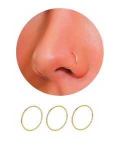 eslala 14k gold nose ring hoop for women, thin nose piercing jewelry (gold,3pcs- 8mm 22 gauge)