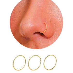 ESLALA 14K Gold Nose Ring Hoop for Women, Thin Nose Piercing jewelry (Gold,3pcs- 8mm 22 gauge)