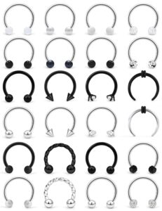 ftovosyo 24pcs 16g surgical steel nose septum rings piercing jewelry horseshoe cartilage helix daith earring hoop eyebrow lip hoop for women men 8mm 5/16 inch silver black