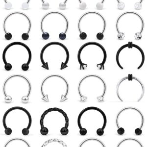 Ftovosyo 24Pcs 16G Surgical Steel Nose Septum Rings Piercing Jewelry Horseshoe Cartilage Helix Daith Earring Hoop Eyebrow Lip Hoop for Women Men 8mm 5/16 Inch Silver Black