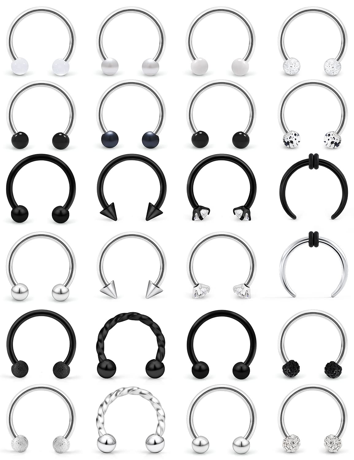 Ftovosyo 24Pcs 16G Surgical Steel Nose Septum Rings Piercing Jewelry Horseshoe Cartilage Helix Daith Earring Hoop Eyebrow Lip Hoop for Women Men 8mm 5/16 Inch Silver Black