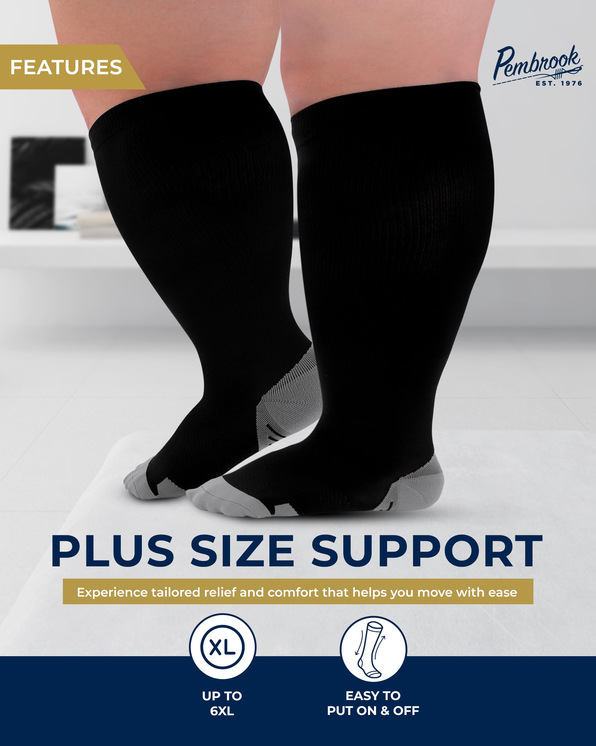 Pembrook Plus Size Compression Socks Wide Calf - Up to 6XL | Black Wide Calf Compression Socks Women Plus Size | Circulation Support Extra Wide Calf Compression Socks