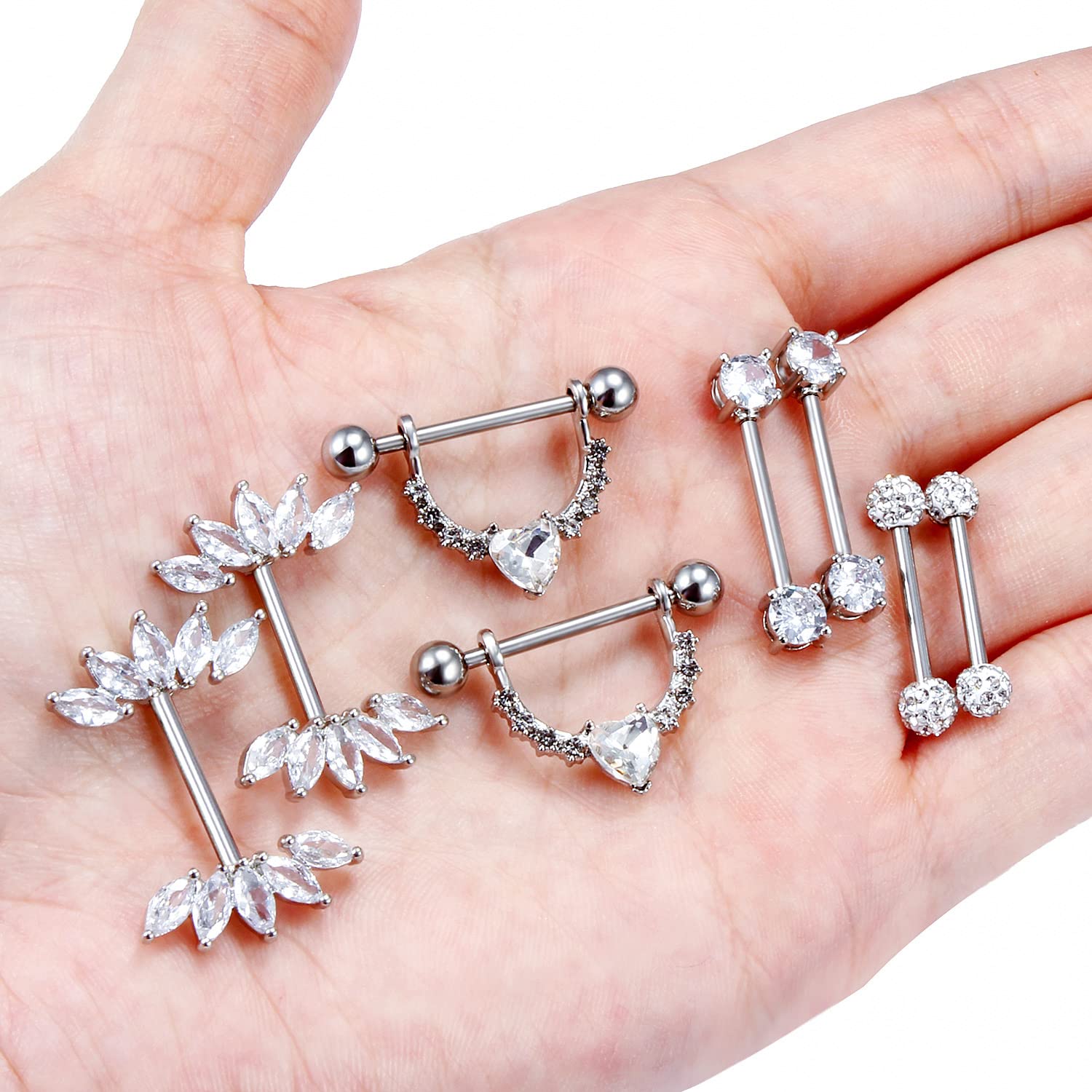 Lcolyoli 14G Surgical Steel Nipple Rings Crystal Nipple Shield Barbell Ring Staight Bar Nipplerings Body Piercing Jewelry for Women Men Silver-tone