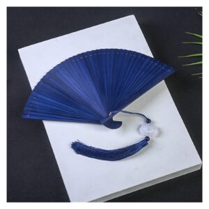 Wooden Navy Blue Folding Fan with a Tassel, Portable Bamboo Rids Folded Fan, Chinese Style Handmade Small Dance Fan (Color : Blue, Size : 7.3")