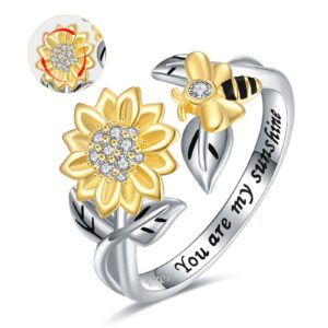 silver spinner sunflower bee ring,925 sterling silver adjustable fidget anxiety bumble bee with sunflower jewelry ring for women, sterling silver, cubic zirconia