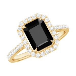 certified lab grown black diamond 6x8mm emerald cut engagement ring, aaaa quality, black and white diamond halo ring, 14k yellow gold, size:us 3.00