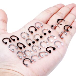 Ftovosyo 24Pcs 16G Surgical Steel Nose Septum Rings Piercing Jewelry Horseshoe Cartilage Helix Daith Earring Hoop Eyebrow Lip Hoop for Women Men 8mm 5/16 Inch Silver Black