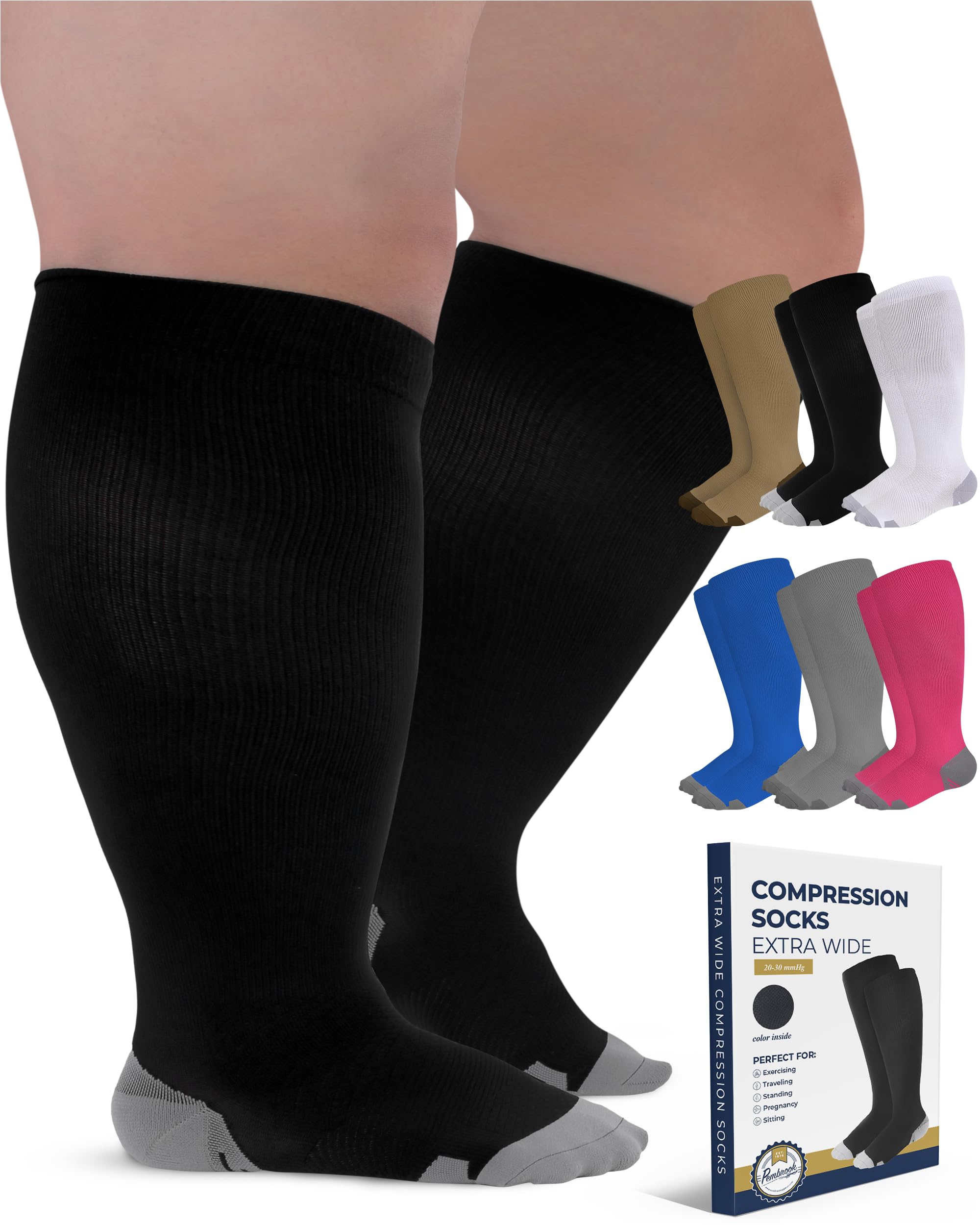 Pembrook Plus Size Compression Socks Wide Calf - Up to 6XL | Black Wide Calf Compression Socks Women Plus Size | Circulation Support Extra Wide Calf Compression Socks