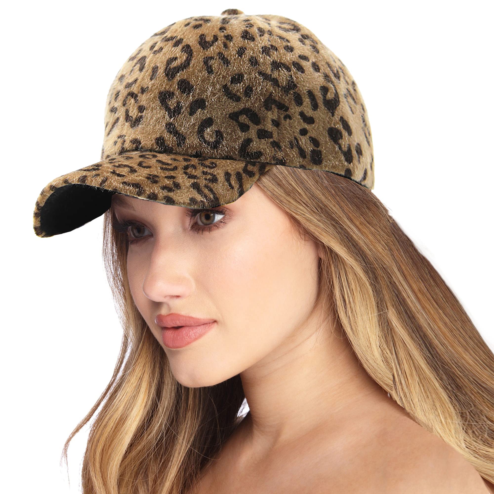 Warm Plush Leopard Baseball Cap for Womens Men Winter Fashion Ponytail Baseball Hat 20-23.5" for One Size