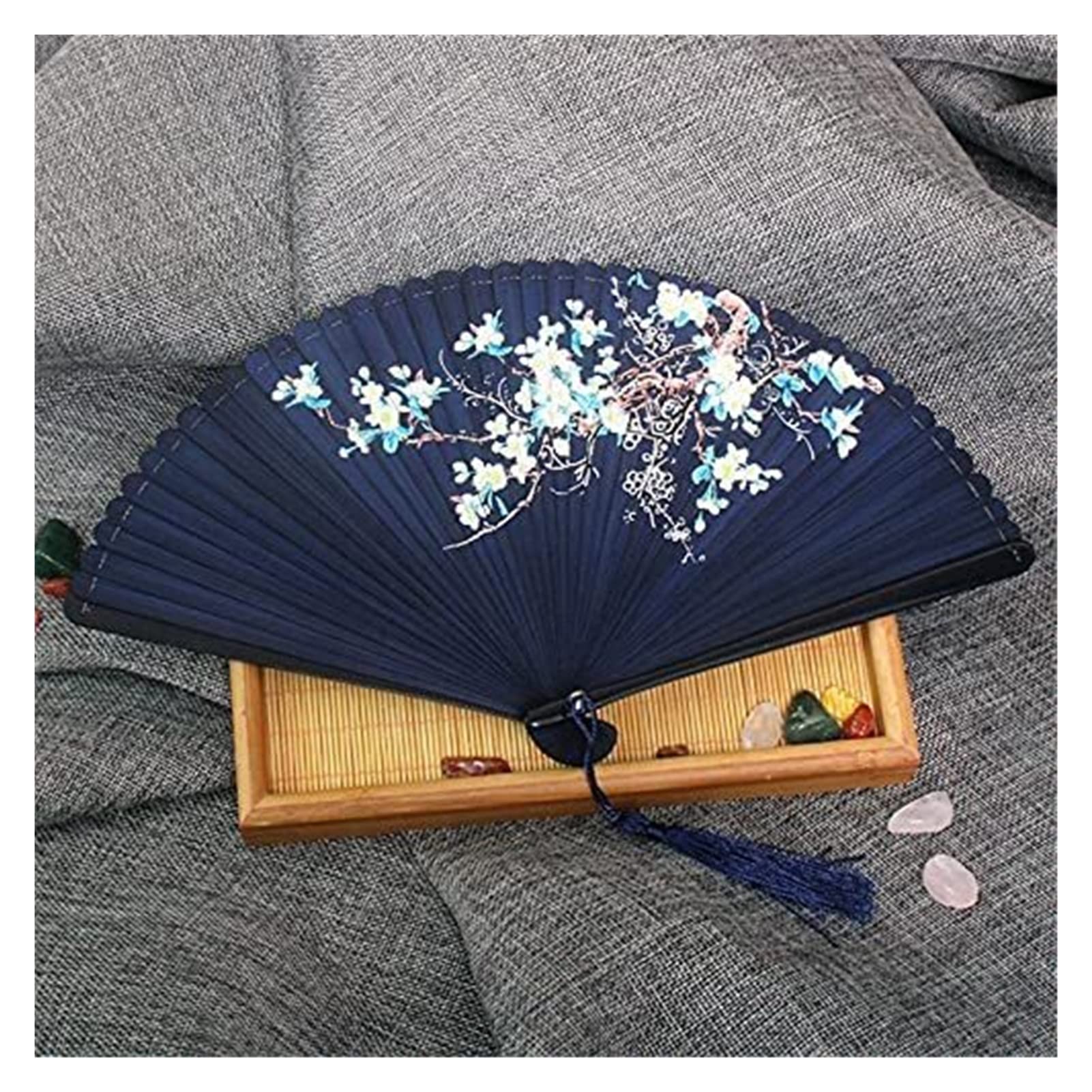 Wooden Navy Blue Folding Fan with a Tassel, Portable Bamboo Rids Folded Fan, Chinese Style Handmade Small Dance Fan (Color : Blue, Size : 7.3")