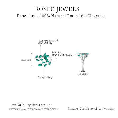 Rosec Jewels Natural Nature Inspired Ring, AAA Quality, Emerald Diamond Anniversary Ring, May Birthstone Ring (Ready to Gift), 14K Yellow Gold, Size:US 7.00