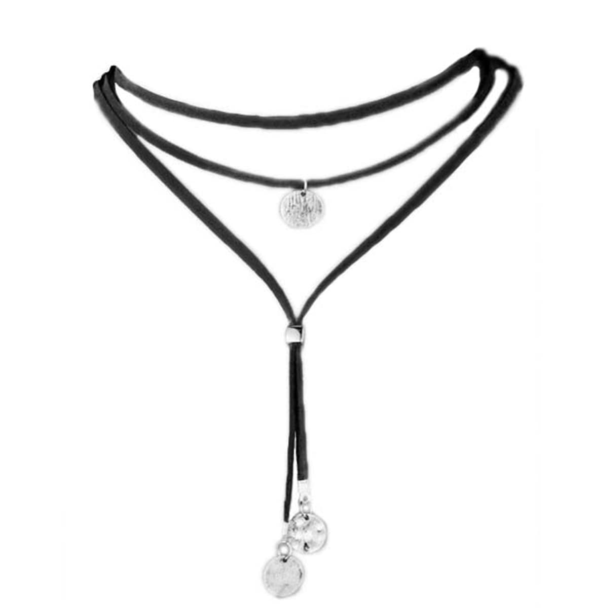 LARVOVUE Boho Black Velvet Choker Necklace for Women Gothic Silver Coin Pendant Layered Long Jewelry (Black)