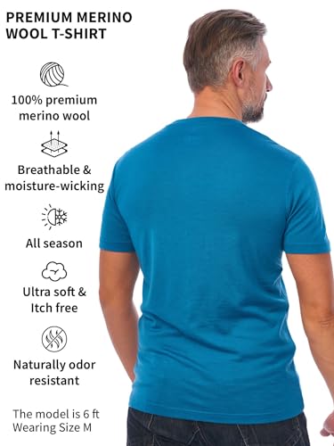 Merino Wool T-Shirt Mens - Short Sleeve Merino Wool Shirts for Men - Sport Merino Lightweight Base Layer Hiking Tshirt (Medium, Maya Blue)