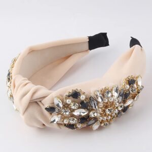 yusier knotted headbands for women rhinestone crystal headband handmade jewelry hair accessories fashion wide hairband (beige)