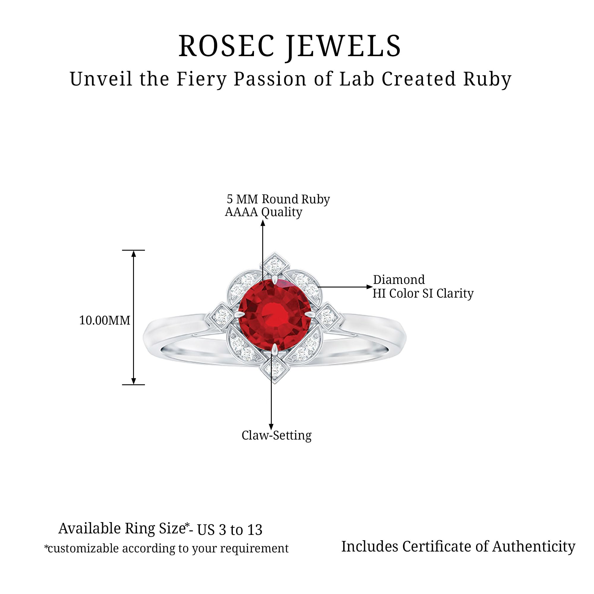 Certified Lab Grown Ruby Vintage Inspired Engagement Ring, AAAA Quality, Ruby Diamond Engagement Ring - Ready To Gift, 14K Rose Gold, Size:US 11.00