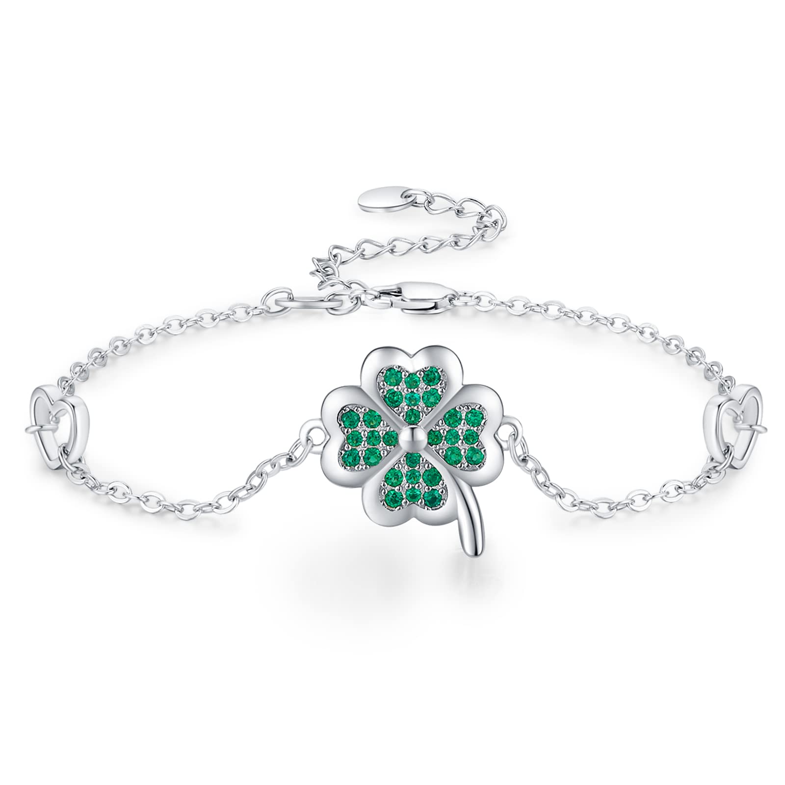 Midir&Etain Four Leaf Clover Bracelet 925 Sterling Silver St Patricks Day Irish Jewelry Gifts Prom Crystal Heart Bracelet for Lover Women Wife