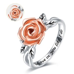 fidget spinner rings for anxiety for women - 925 sterling silver sunflower/rose/daisy promise bands relieving stress jewelry anti anxiety gifts for couples women (rose, 7)