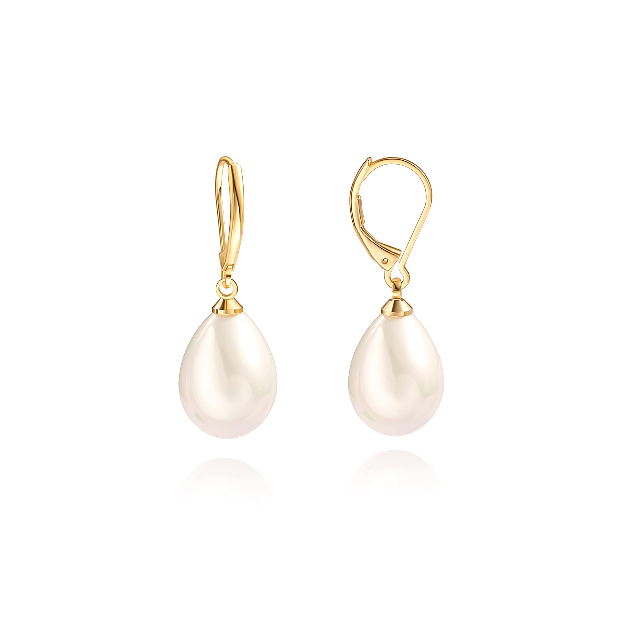 POTESSA Handpicked White Shell Pearl Earrings 18k Gold Plated Leverback Dangle Stud Pearl Earrings Jewelry for Women