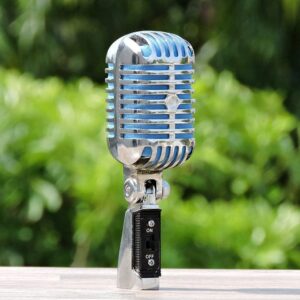 professional vintage classic-iconic retro style, dynamic microphone metal chrome finish, silver