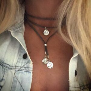 LARVOVUE Boho Black Velvet Choker Necklace for Women Gothic Silver Coin Pendant Layered Long Jewelry (Black)