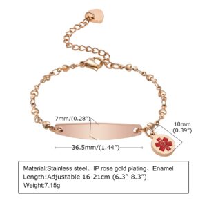 VNOX Medical Alert Bracelets for Men & Women with Special Rolo Chain Medical Alert id Bracelet for Women,Adjustable 6-8 Inches,Rose Gold Plated