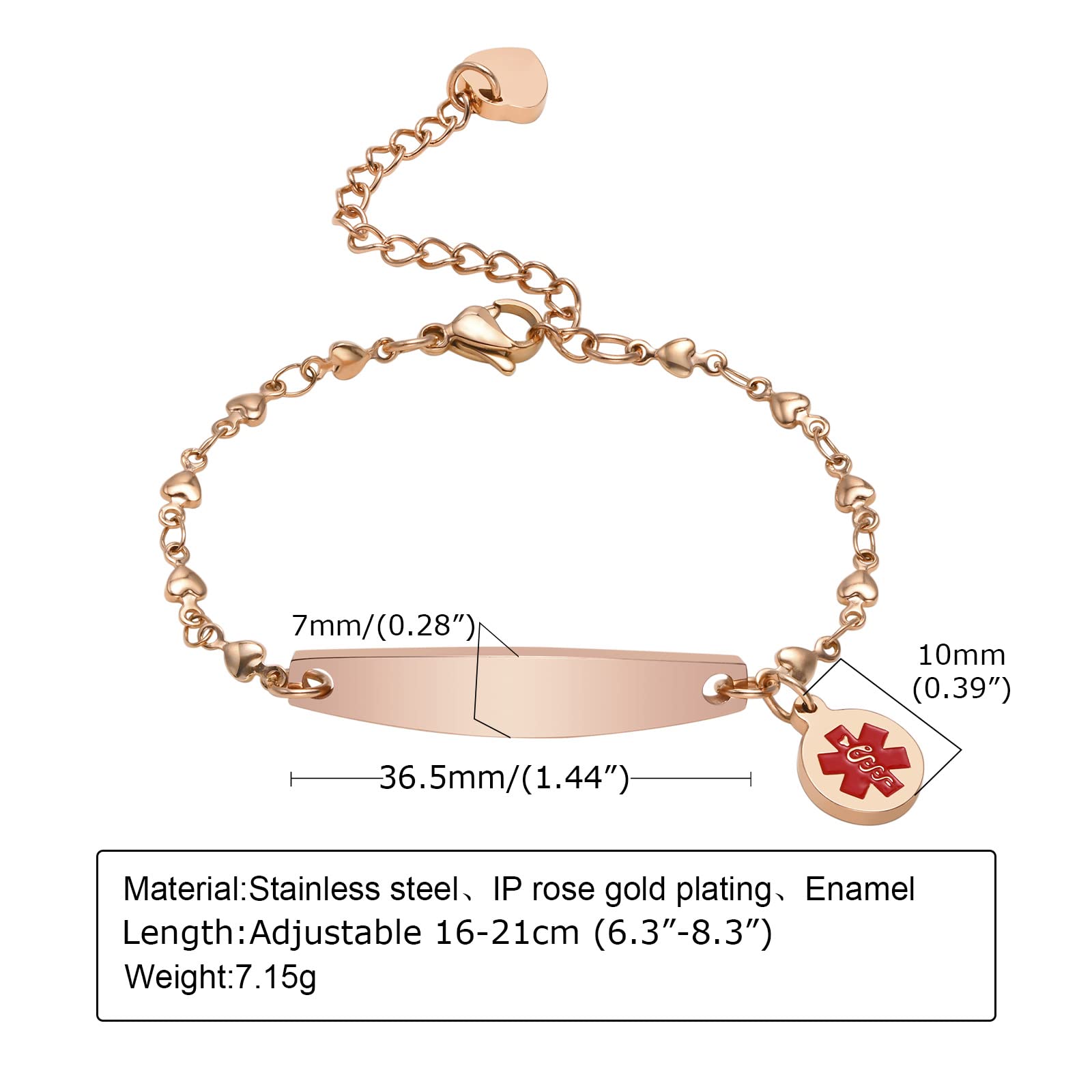 VNOX Medical Alert Bracelets for Men & Women with Special Rolo Chain Medical Alert id Bracelet for Women,Adjustable 6-8 Inches,Rose Gold Plated