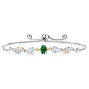 gem stone king 925 silver and 10k yellow gold oval green created emerald white moissanite and white lab grown diamond tennis bracelet for women (1.39 cttw, fully adjustable up to 9 inch)