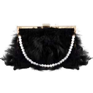 amylove feather clutch purses for women wedding evening bride furry purse classy fringe purse glossy designer purse(black)