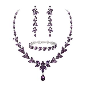 ever faith marquise crystal party jewelry set for bride, gorgeous leaf rhinestone necklace dangle earrings tennis bracelet set purple silver-tone