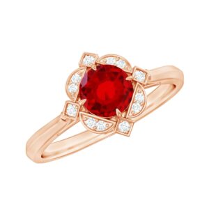 certified lab grown ruby vintage inspired engagement ring, aaaa quality, ruby diamond engagement ring - ready to gift, 14k rose gold, size:us 11.00