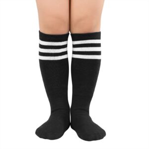 american trends kids toddler soccer socks knee high tube long socks three stripes cotton uniform sports socks for child boys girls 1 pack black white 3-6 years