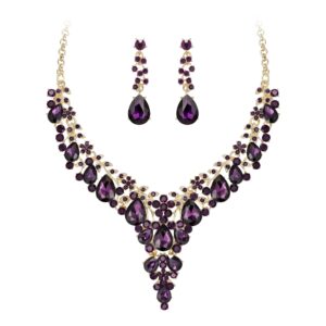 ever faith crystal bridal jewelry set for women, statement flower rhinestone necklace drop dangle earrings set dark purple gold-tone