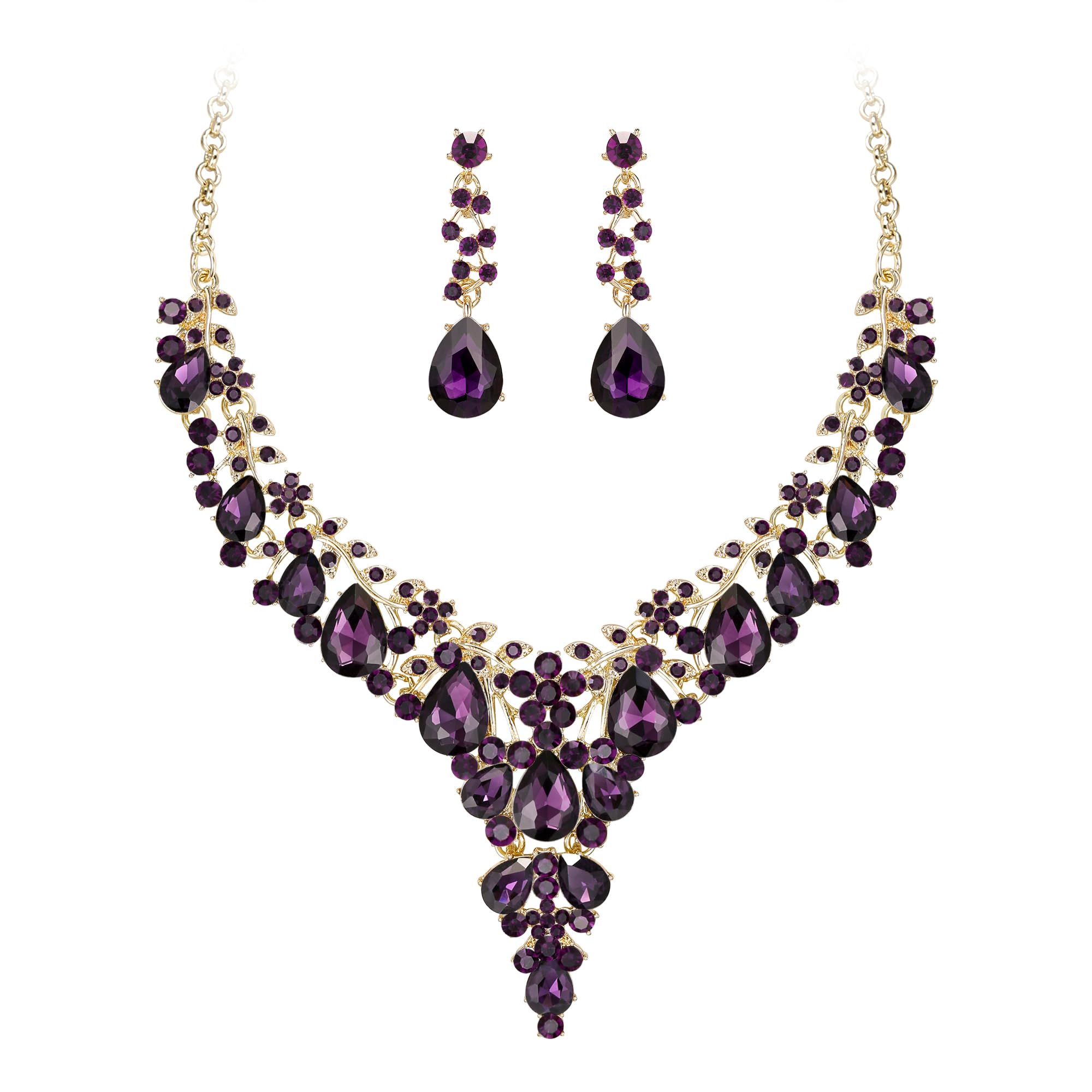 EVER FAITH Crystal Bridal Jewelry Set for Women, Statement Flower Rhinestone Necklace Drop Dangle Earrings Set Dark Purple Gold-Tone