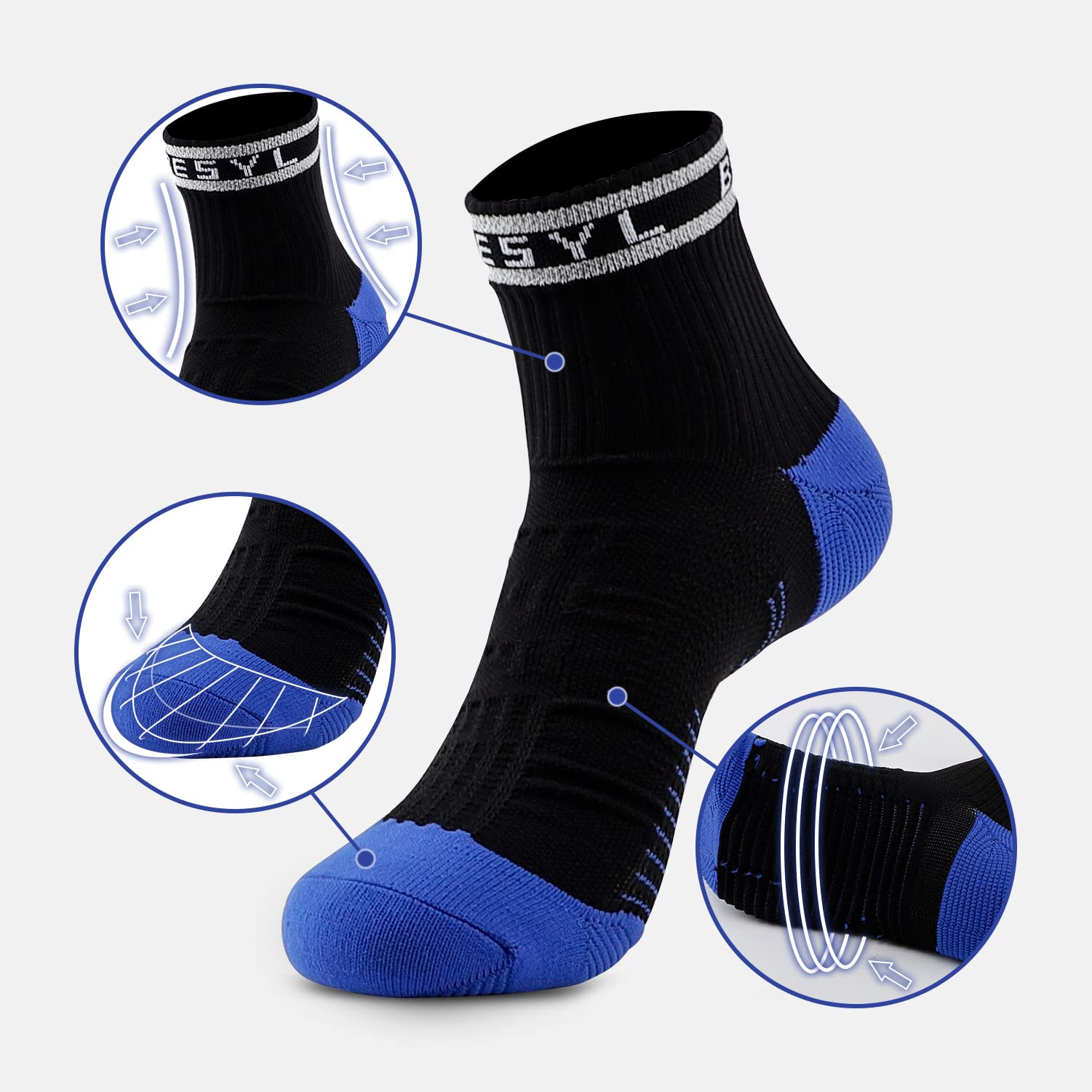 BESYL Running Socks, Long Distance Running Sock, Men Marathon Compression Reflective Running Sock with Ankle Support 3 Pairs