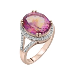 timeless love pink quartz & 1/5 ct diamond ring set in polished 14k pink gold over sterling silver, 0.83"x0.56" ring, statement piece jewelry for women, women’s fashion rings, luxury rings for women