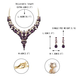 EVER FAITH Crystal Bridal Jewelry Set for Women, Statement Flower Rhinestone Necklace Drop Dangle Earrings Set Dark Purple Gold-Tone