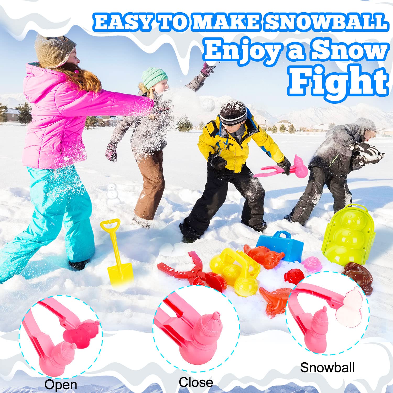 Snow Toys for Kids Ages 4-8 8-12, 24pcs Winter Snow Ball Makers for Kids, Snowball Making Kit Heart Snow Molds Shaper for Kids Outdoor Play, Dinosaur Snowman Ice Cream Snowball Maker for Toddlers 3-5