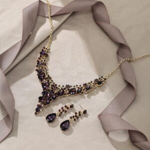 EVER FAITH Crystal Bridal Jewelry Set for Women, Statement Flower Rhinestone Necklace Drop Dangle Earrings Set Dark Purple Gold-Tone