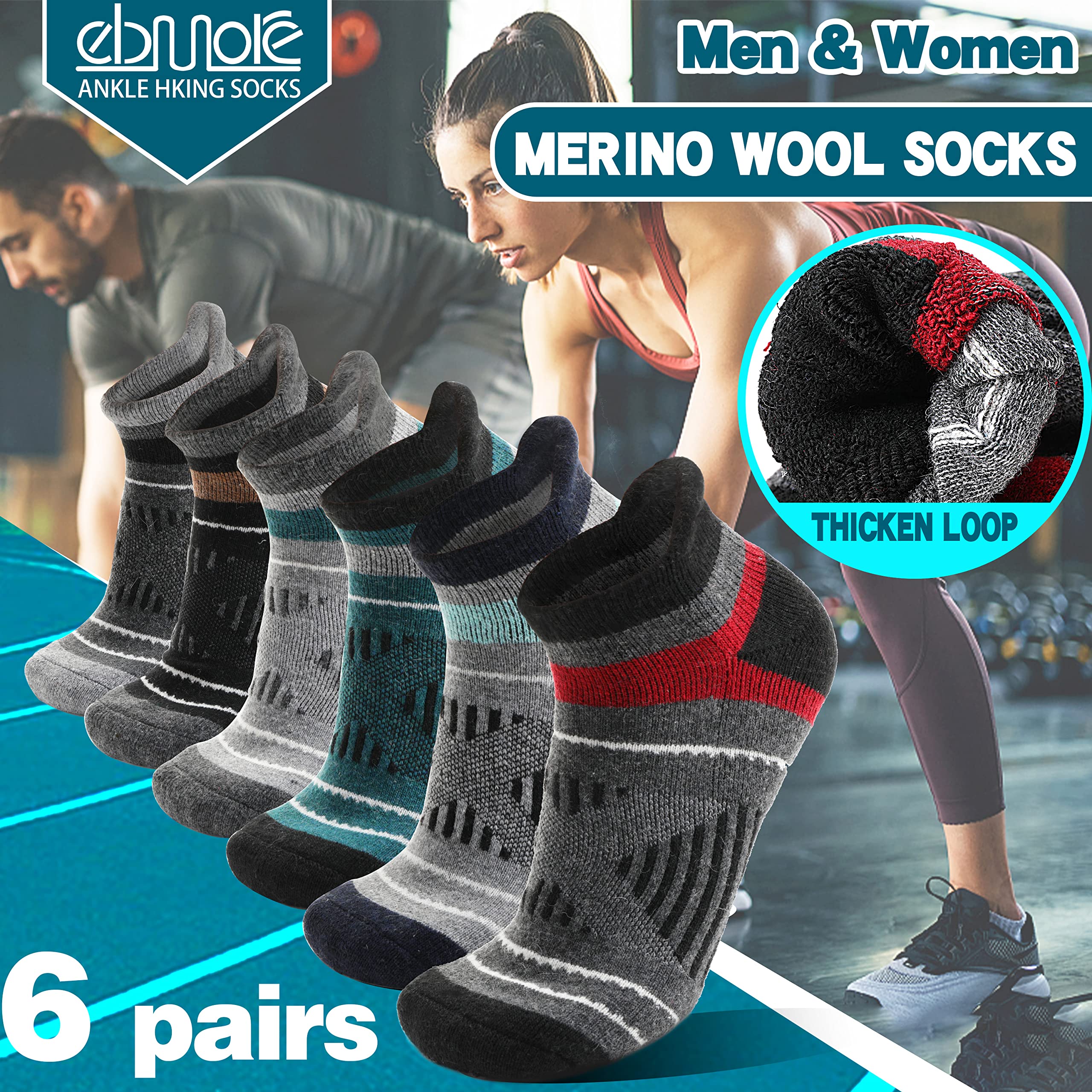 EBMORE Merino Wool Ankle Hiking Socks Compression Warm Winter Thermal Thick Cushion No Show Running Moisture Wicking Athletic Socks Gifts Stocking Stuffers for Men Women 6 Pairs(Color Mix，M)