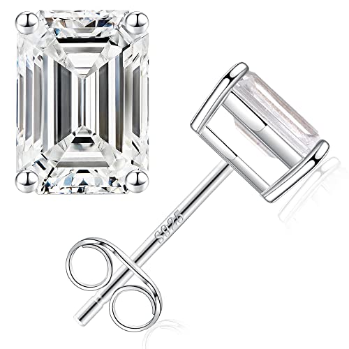 Stud Earrings for Women, S925 Sterling Silver 14K White Gold Plated Hypoallergenic Stud Earrings Emerald Cut Cubic Zirconia Sterling Silver Stud Earrings for Women Men