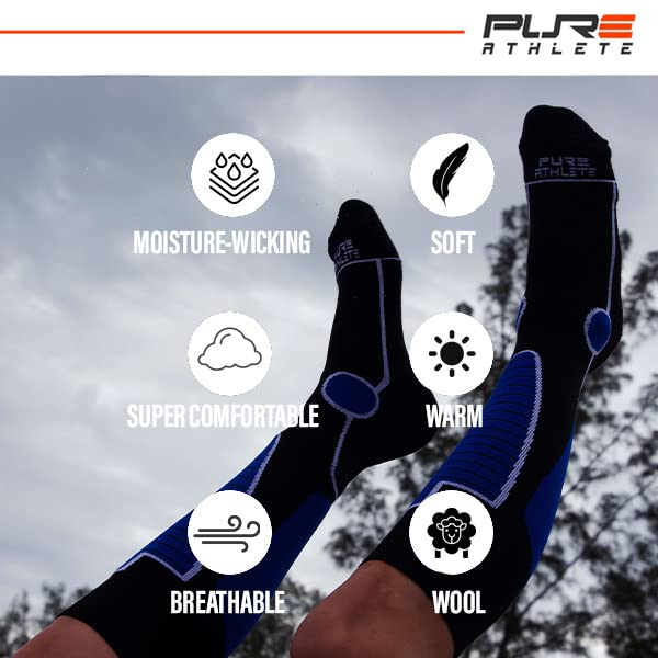 Pure Athlete Midweight Ski Socks - Warmest Winter Thermal Socks for Men Women Skiing Snowboarding Hiking Hunting (M, Black/Blue)