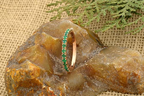 Mirahi May Birthstone Half Eternity Band Ring For Women, 14k Solid Rose Gold Ring For Girls, 2mm Round Cut Emerald Anniversary Ring For Her, 0.51 Carat Natural Gemstone Wedding Ring (Size US 7)