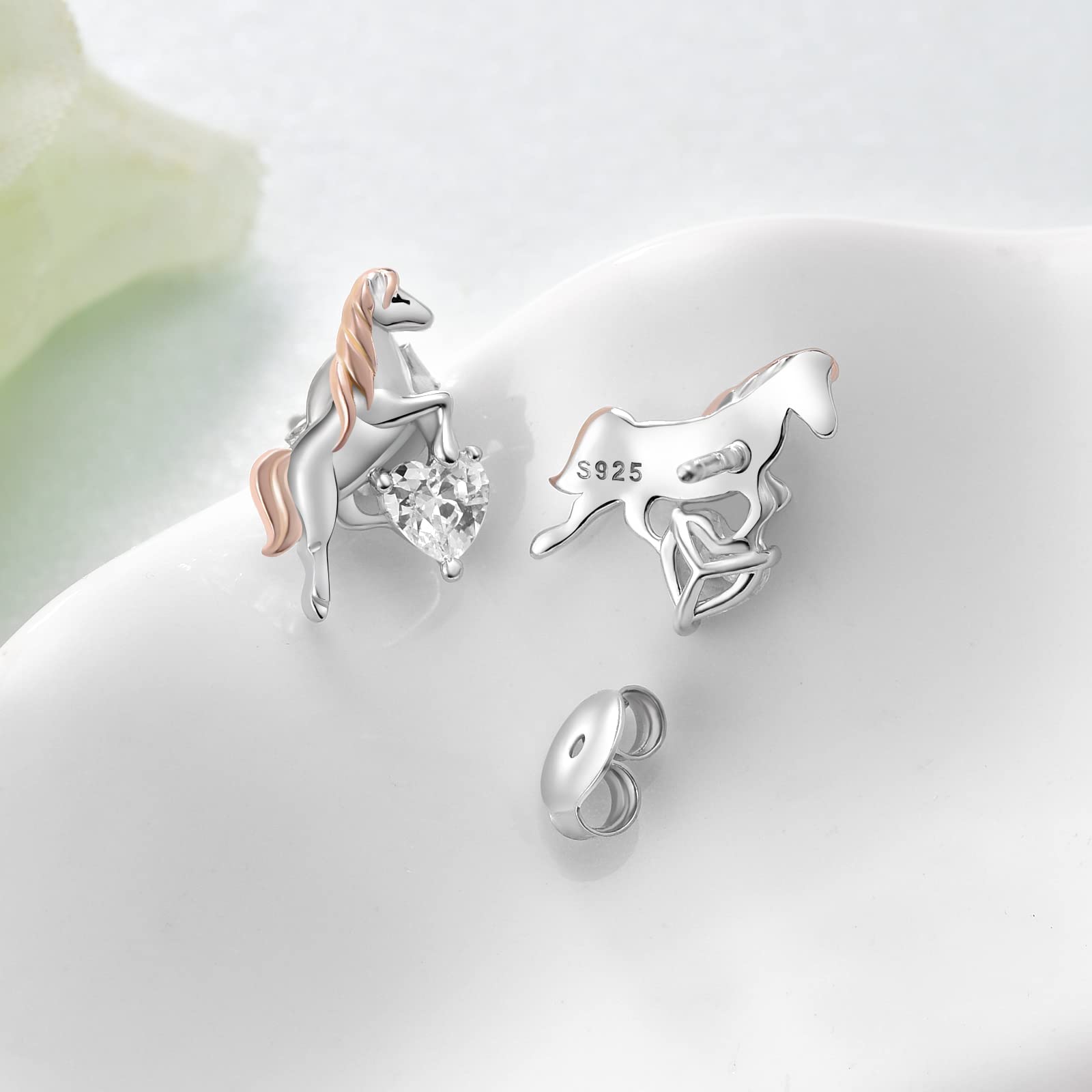 SVODEA Horse Heart Earrings Rose Gold Plated 925 Sterling Silver Horse Stud Earrings with 5A Cubic Zirconia Cute Animal Stud Earrings Jewelry Gift for Women Mom Wife