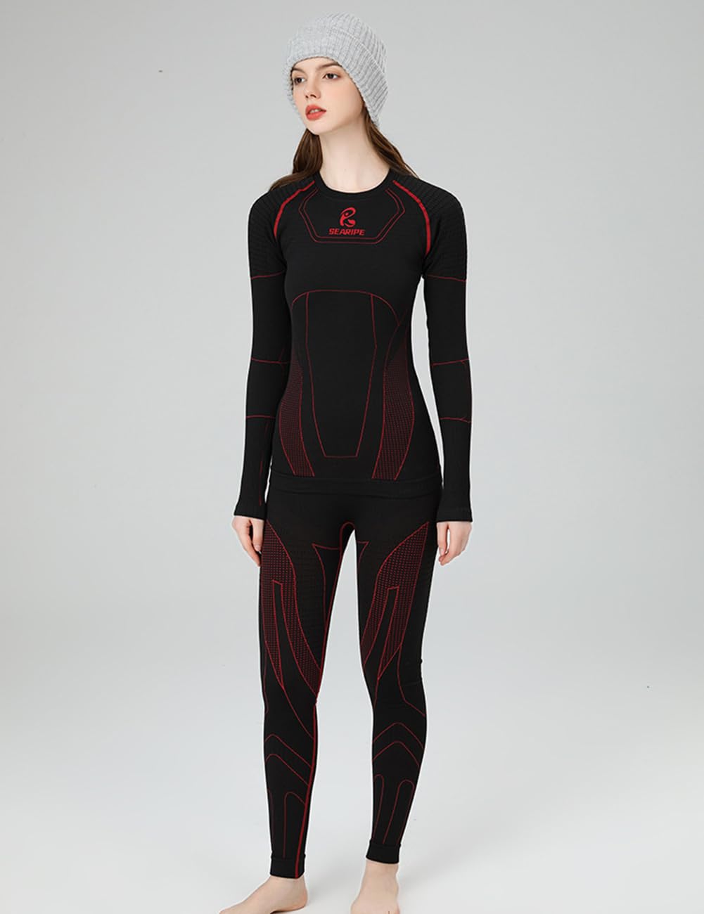 SEARIPE Women Thermal Underwear, Ski Base Layer - Long Sleeve Compression Tops & Long Johns Bottom Sets Quick Drying (SE111,W-BK,XS)