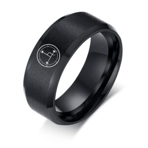 black plated matte sigil of lilith female symbol of power ring, stainless steel pagan satanic feminine devil lilith seals plain ring feminist wedding band for her, size 8