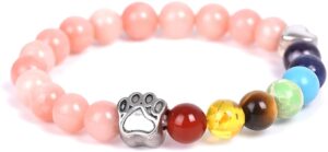 7 chakra natural stone paw charm bracelet (pink) lava rock mala beads elastic bracelet yoga meditation healing, dog puppy cat animal paw bracelet